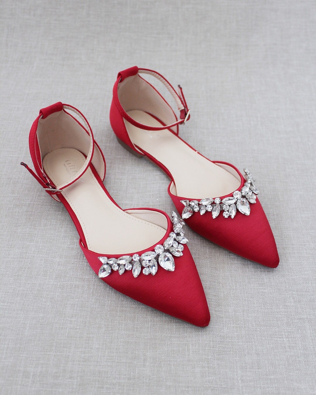Red Satin Pointy Toe Flats With Sparkly TEARDROP RHINESTONES, Fall ...