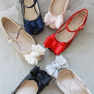 NAVY Rock Glitter Mary Jane Heel With Grosgrain Bow, Flower Girl Shoes ...