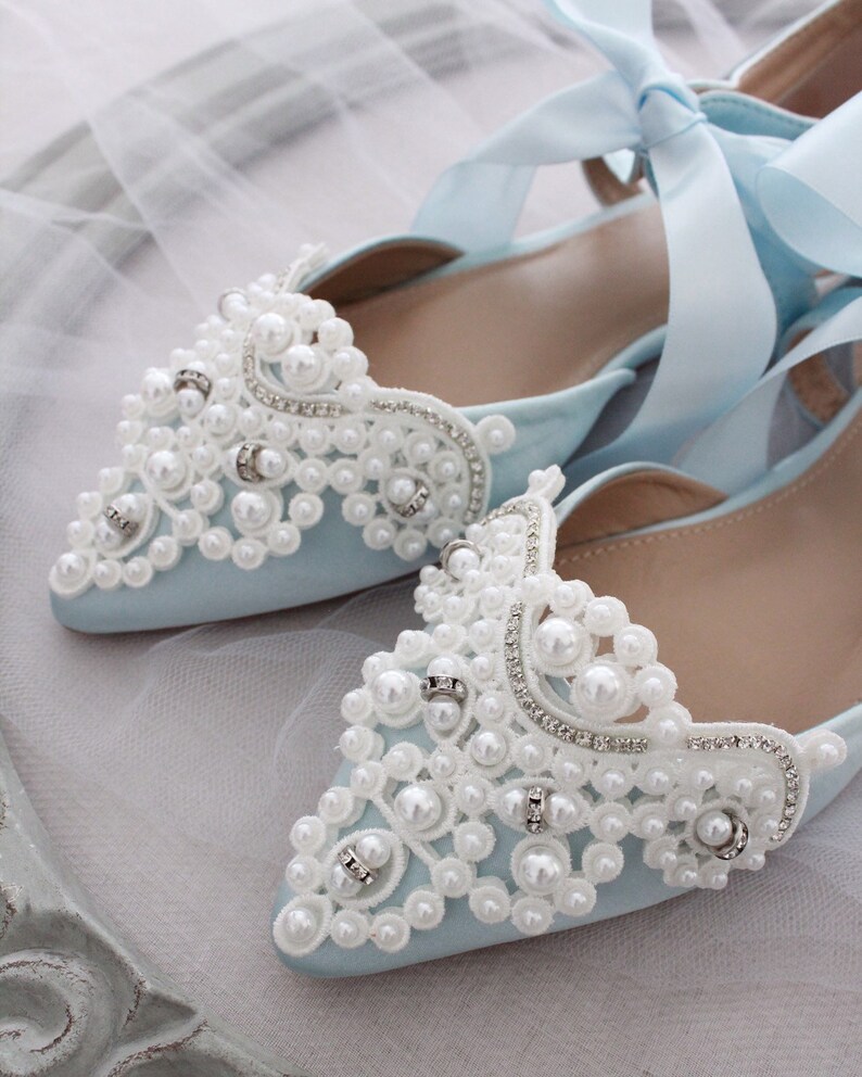 Light Blue Satin Pointy Toe Flats With OVERSIZED PEARLS | Etsy