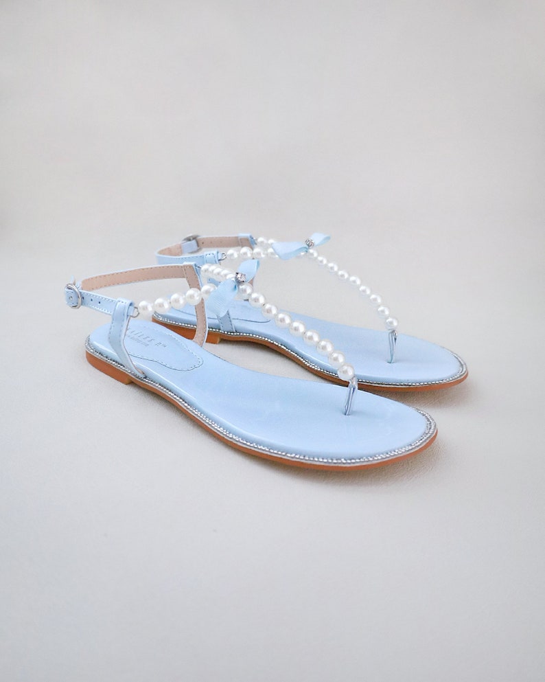 Light Blue T-strap Pearls Wedding Flat Sandals, Wedding Sandals, Bridal ...