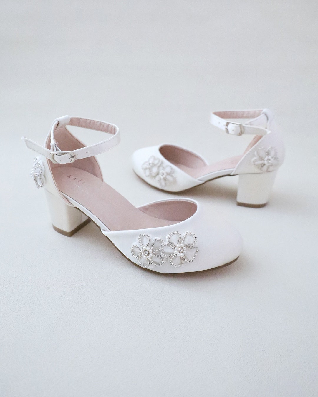 Girls Ivory Satin Block Heel With Rhinestones Chassia Flowers, Flower ...