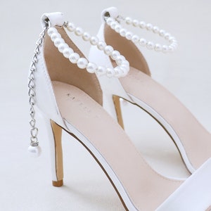 White Satin High Heel Wedding Sandals With Adjustable Pearl Strap ...