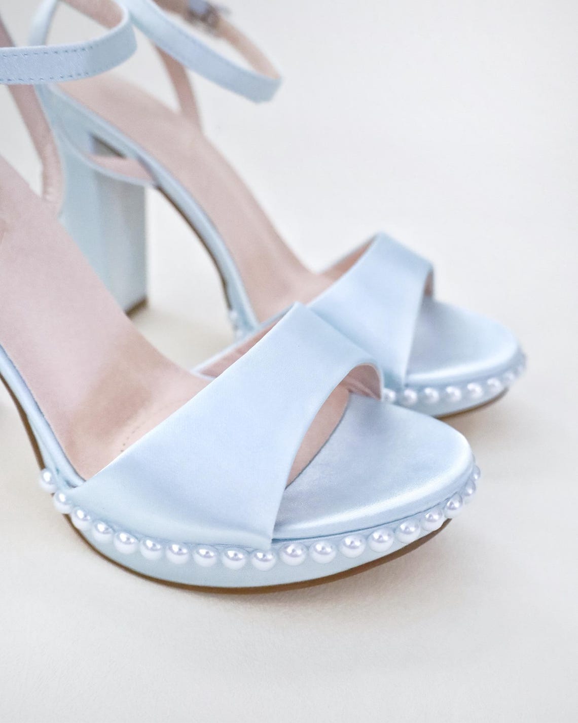 Light Blue Satin Platform Block Heel Evening Sandals With Pearls ...