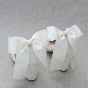 Ivory Lace Block Heel With SATIN BACK BOW, Women Wedding Shoes ...