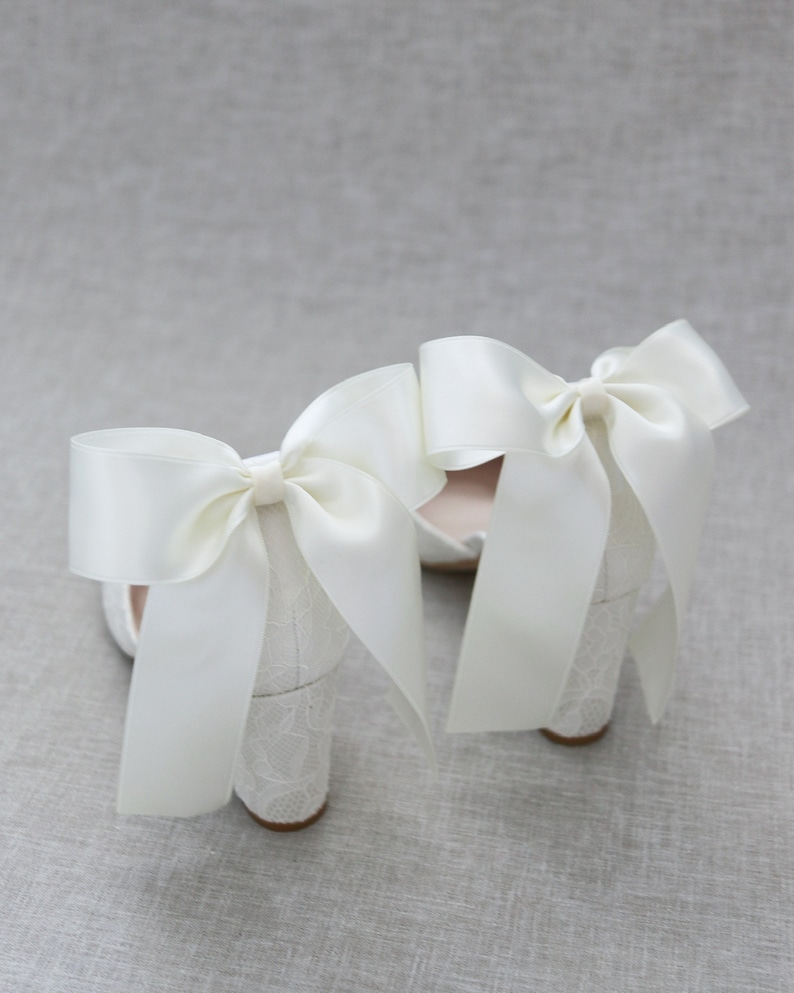 Ivory Lace Block Heel With SATIN BACK BOW Women Wedding - Etsy
