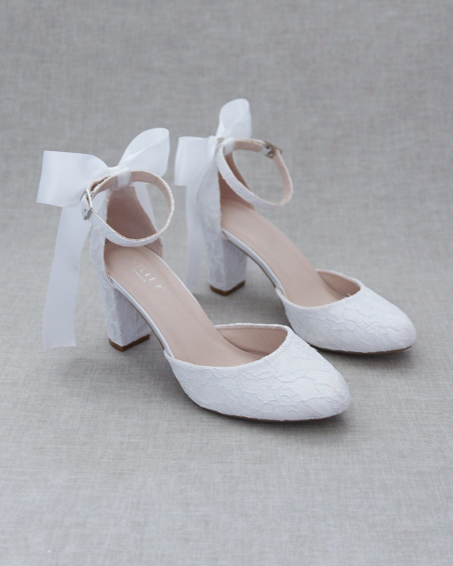 White Lace Block Heel With SATIN BACK BOW, Women Wedding Shoes ...