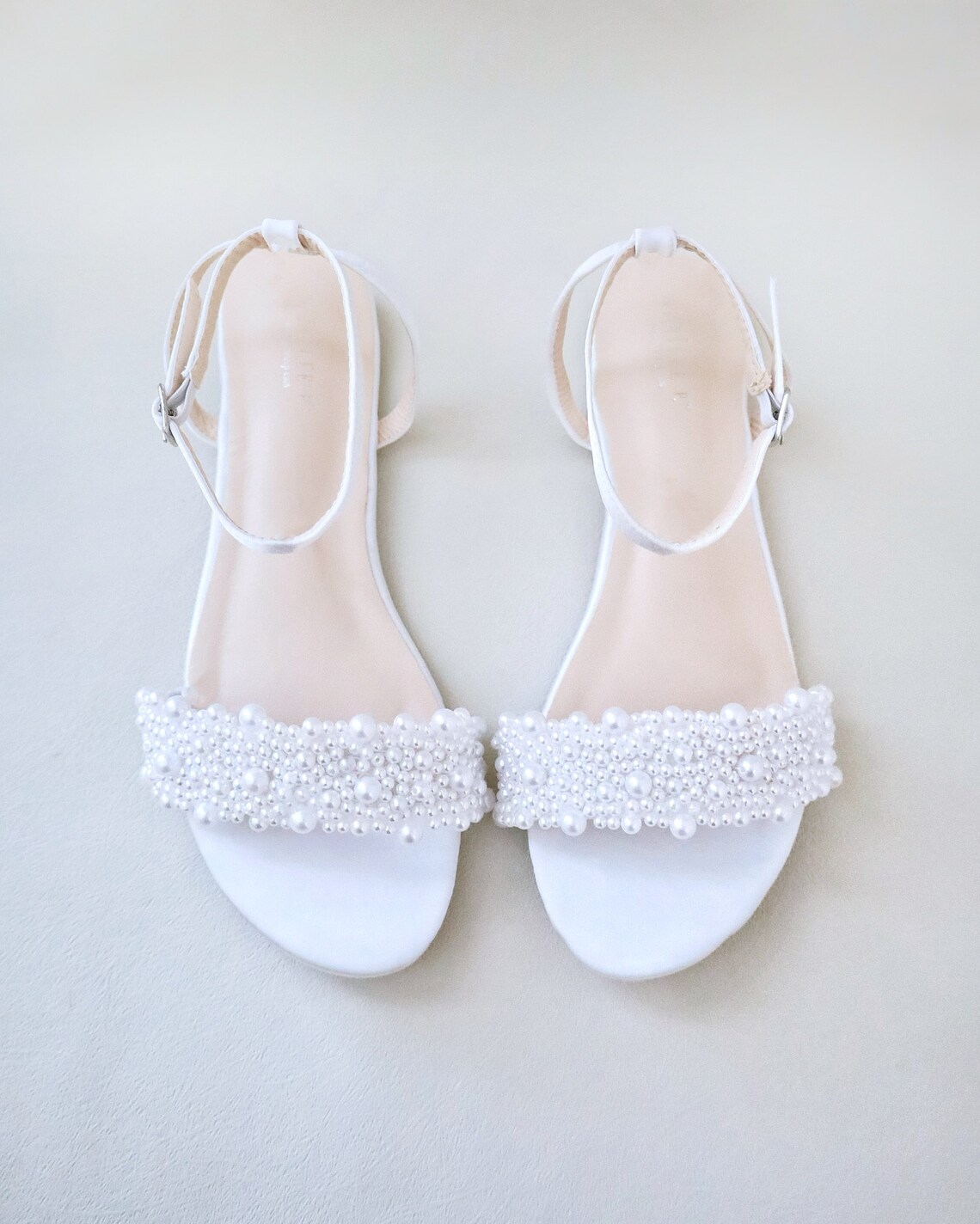 White Satin Flat Sandal With Perla Applique, Bridesmaid Shoes, Women ...