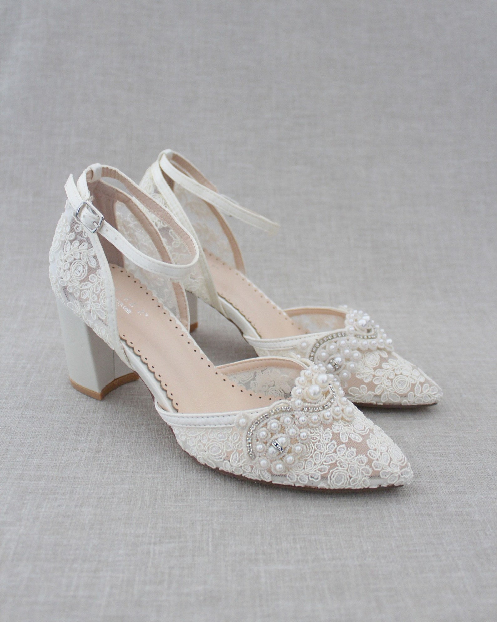 Ivory Crochet Lace Almond Toe Block Heel With Small Pearls - Etsy