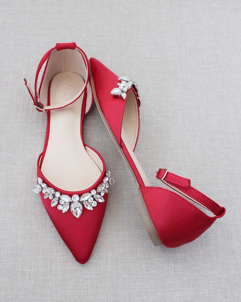 Red Satin Pointy Toe Flats with Sparkly TEARDROP RHINESTONES | Etsy