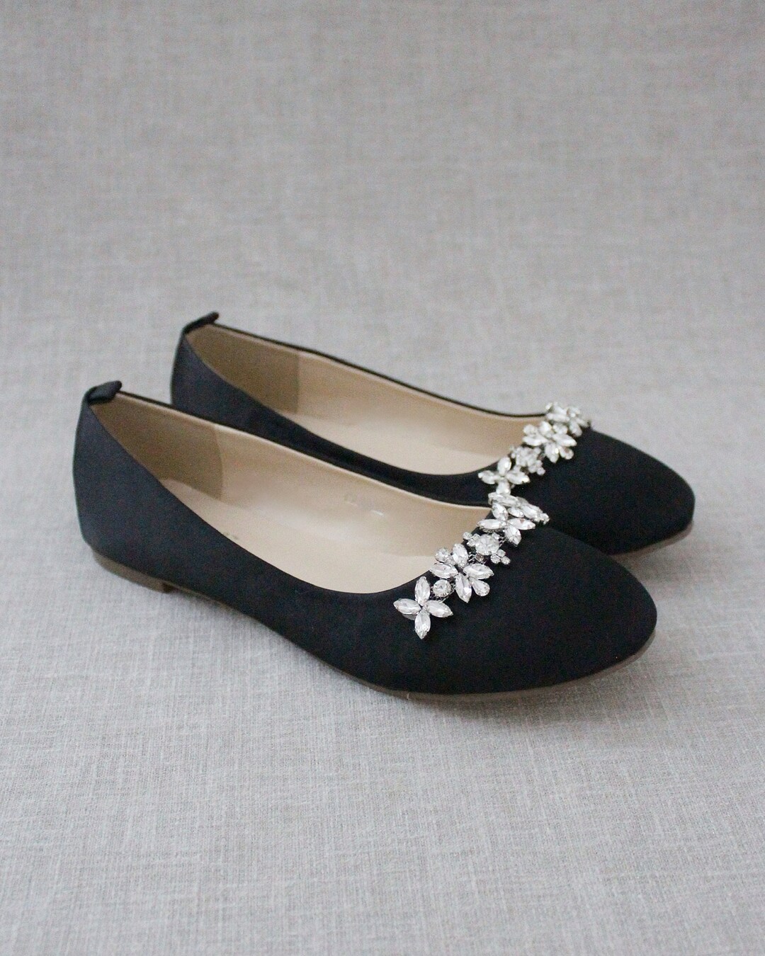 Black Satin Round Toe Flats With FLORAL RHINESTONES Classic Evening ...