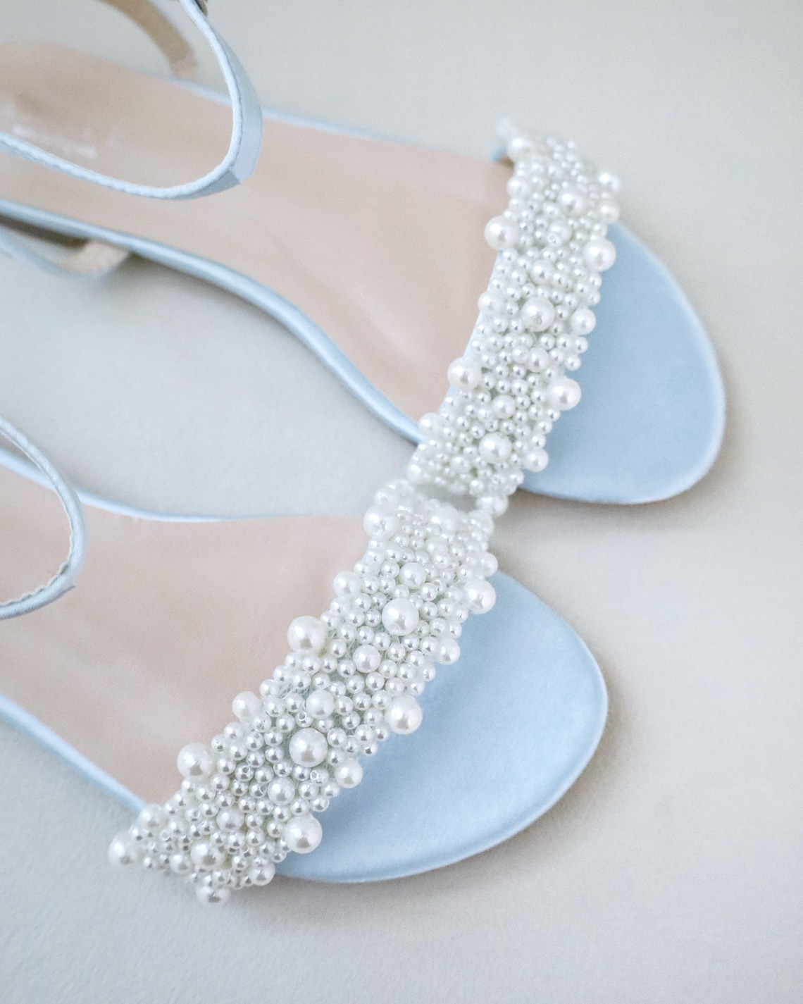 Light Blue Satin Flat Sandal With Perla Applique, Bridesmaid Shoes ...