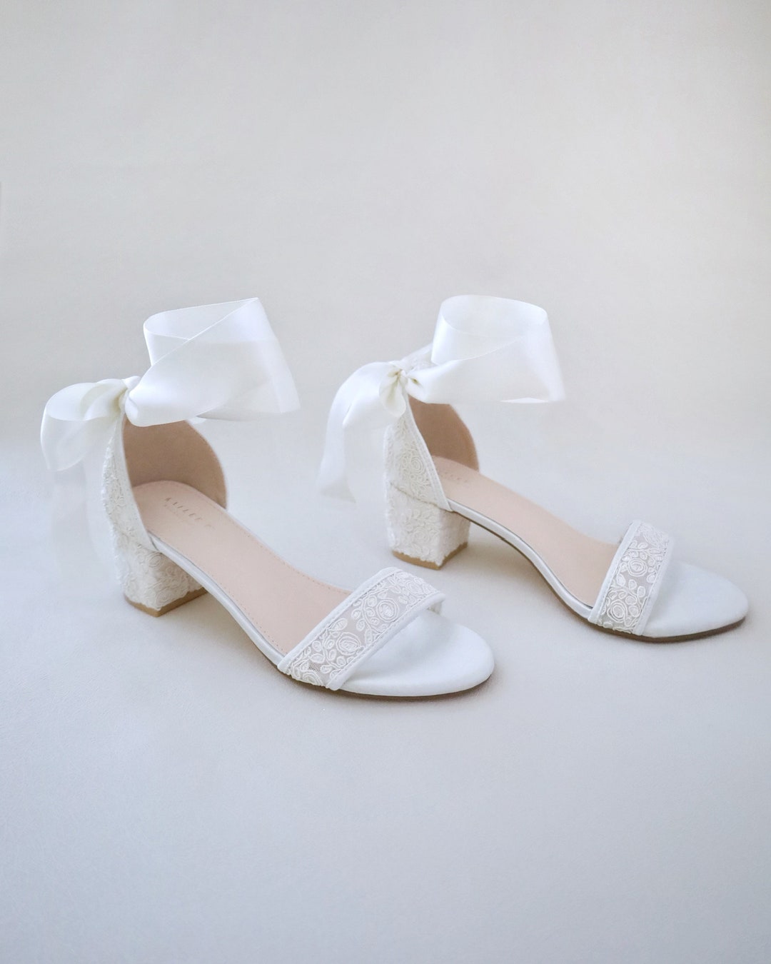 Ivory Crochet Lace Block Heel Wedding Sandals With Wrapped Ankle Tie ...