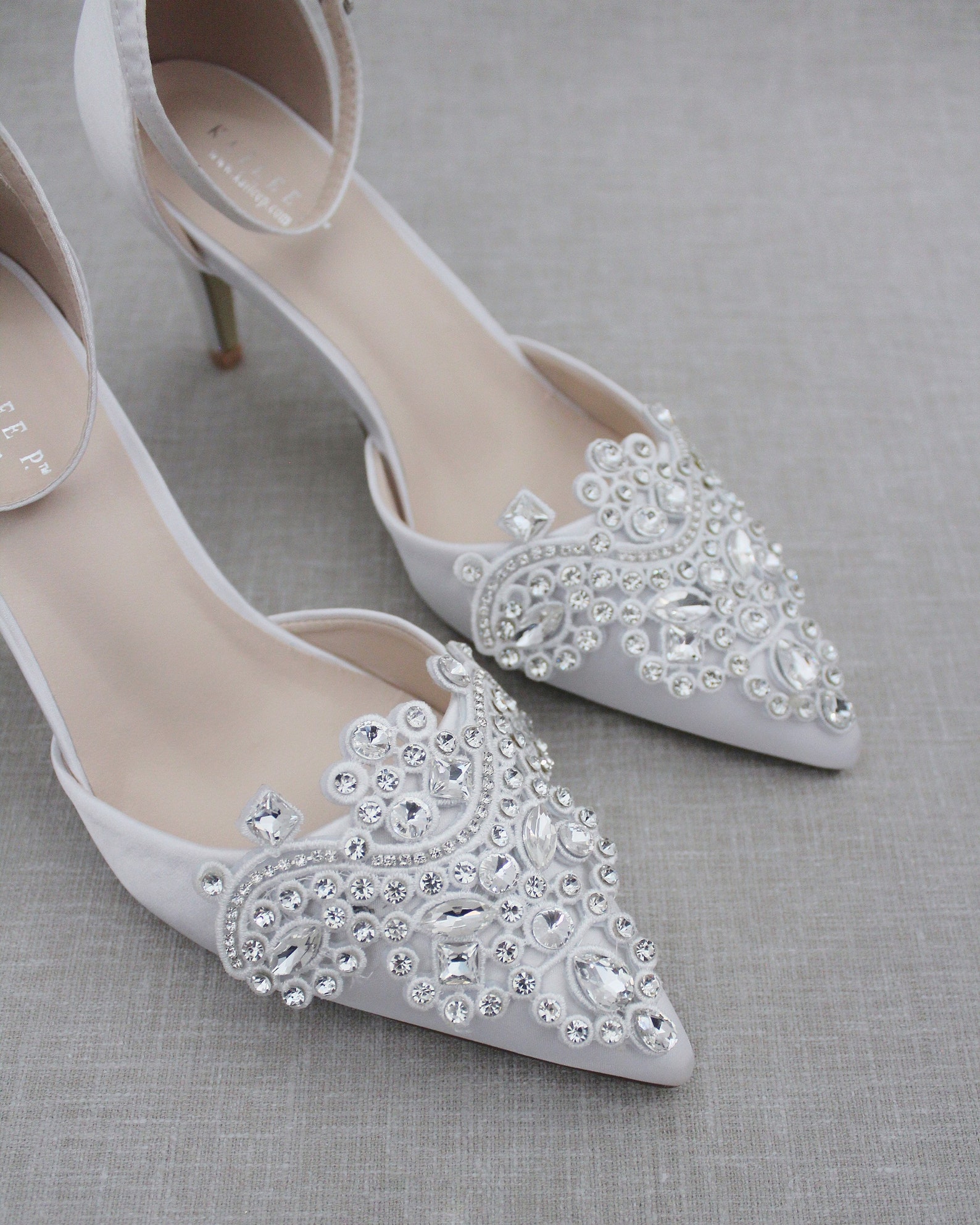 White Pointy Toe HEELS With Oversized Rhinestones Applique - Etsy