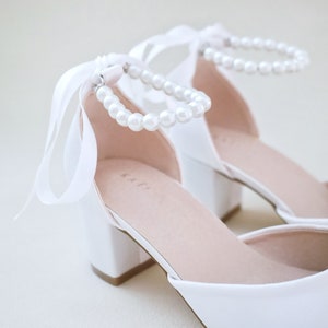 Girls White Satin Block Heel With All Pearls Ankle Strap, Flower Girls ...