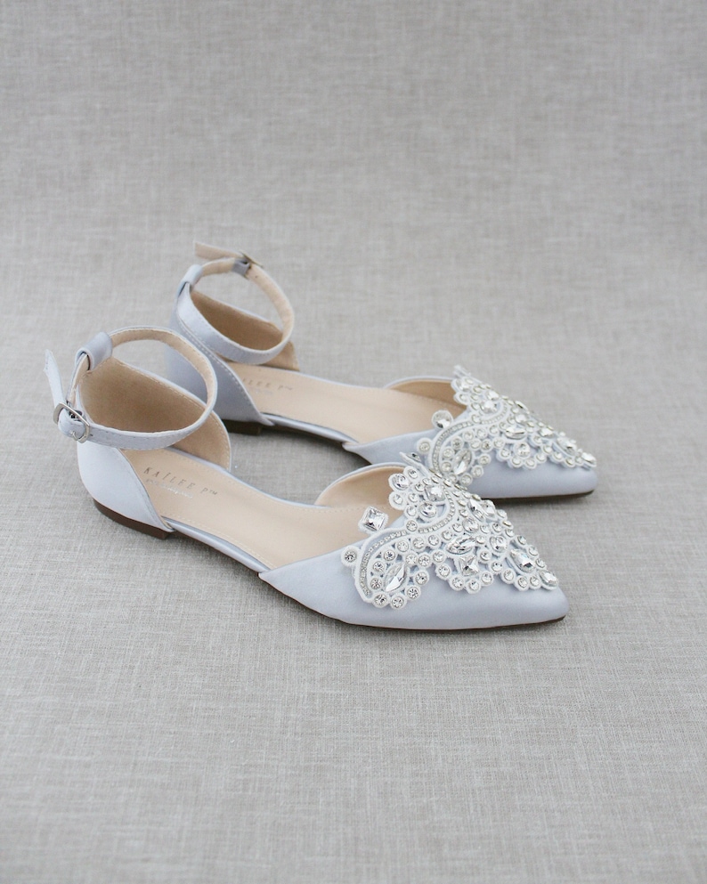 Silver Satin Pointy Toe Flats With Sparkly RHINESTONES APPLIQUE , Women ...