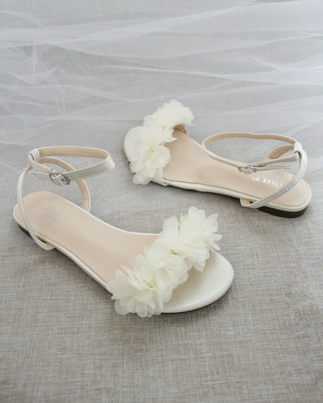 Ivory Satin Flat Sandal With CHIFFON FLOWERS Bridesmaid - Etsy