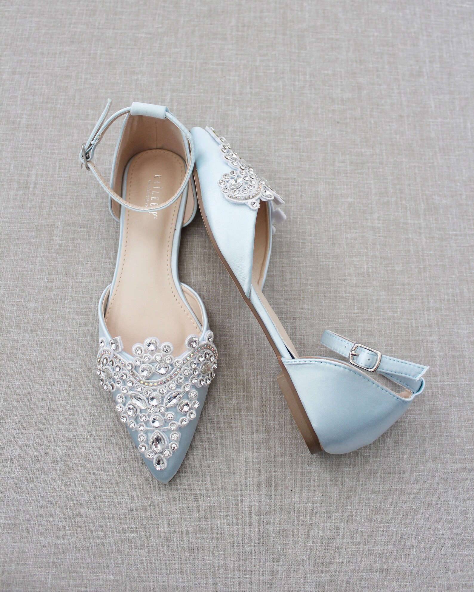 Light Blue Satin Pointy Toe Flats With Sparkly RHINESTONES - Etsy