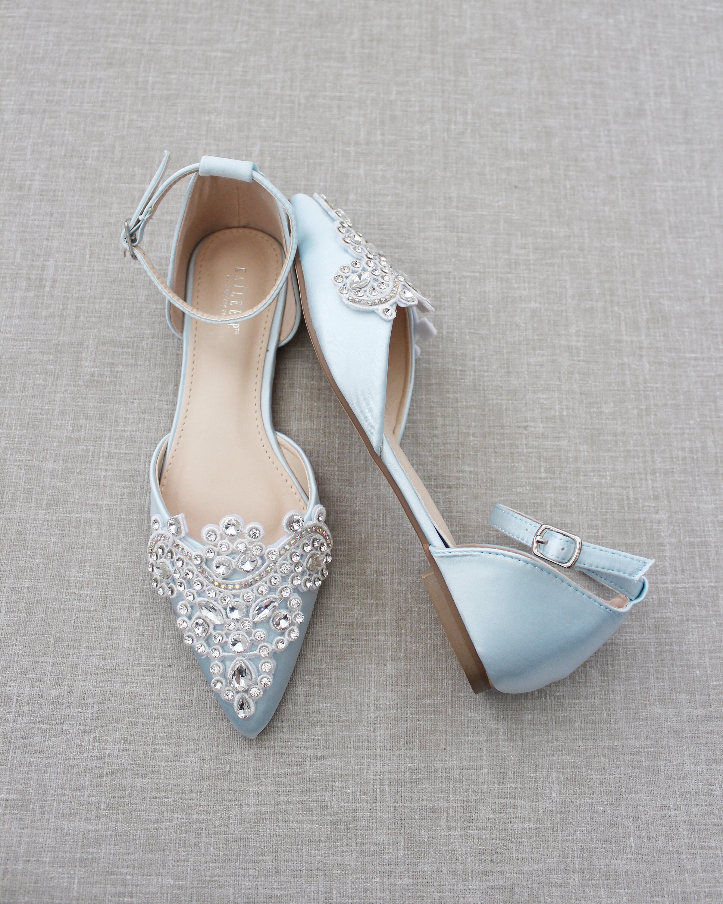 Light Blue Satin Pointy Toe Flats With Sparkly RHINESTONES | Etsy