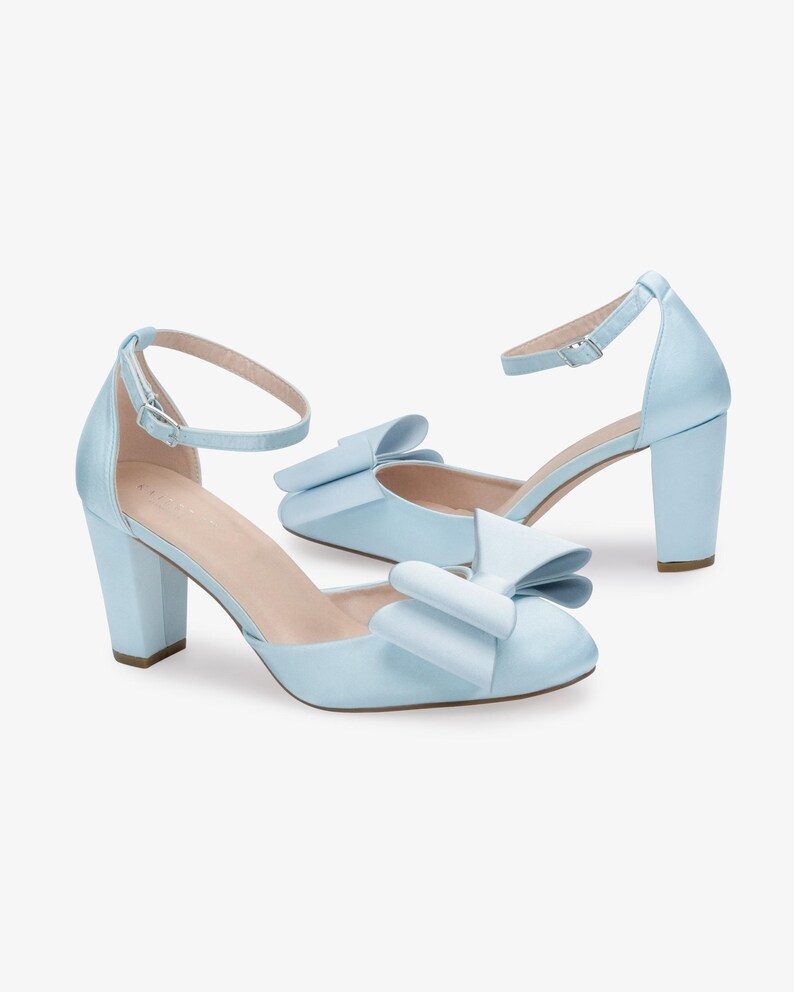 Light Blue Satin Wedding Block Heel With Front Tuxie Bow, Women Wedding ...