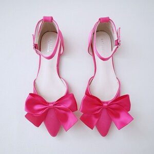 Fuchsia Satin Pointy Toe Flats With Front Satin Bow, Bridesmaids Shoes ...