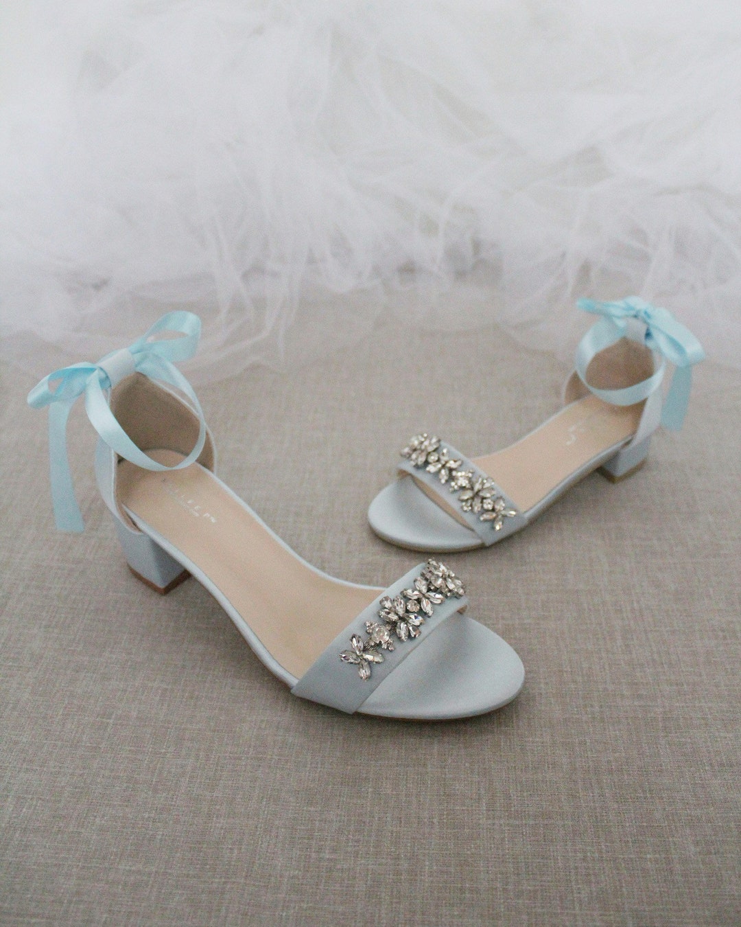 Light Blue Satin Block Heel Sandals With FLORAL RHINESTONES on Upper ...
