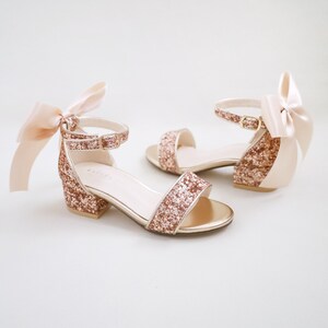 Rock Glitter Low Block Heel Girls Sandals With Back Satin Bow, Flower ...