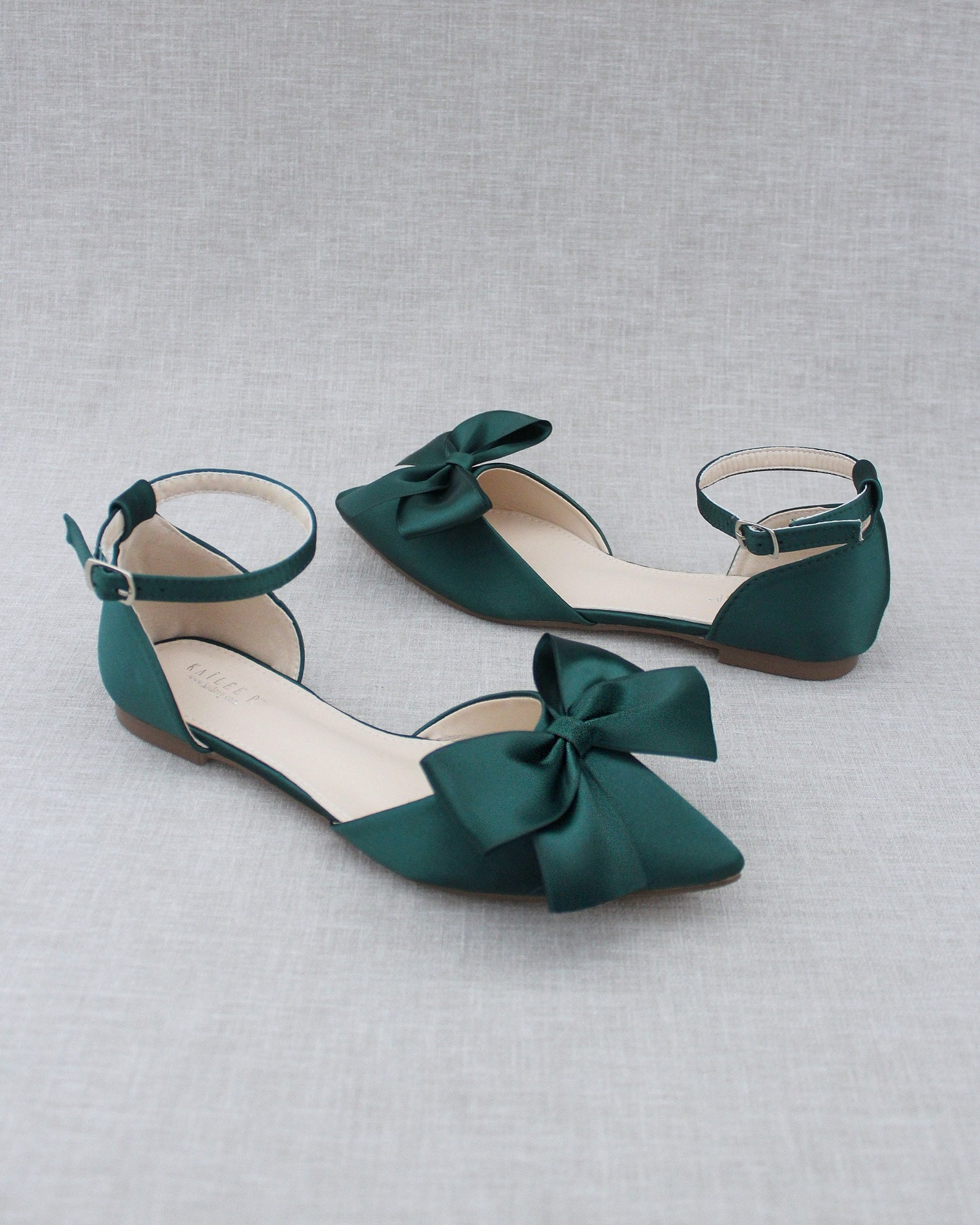 Hunter Green Satin Pointy Toe Flats With Front Satin Bow Fall - Etsy