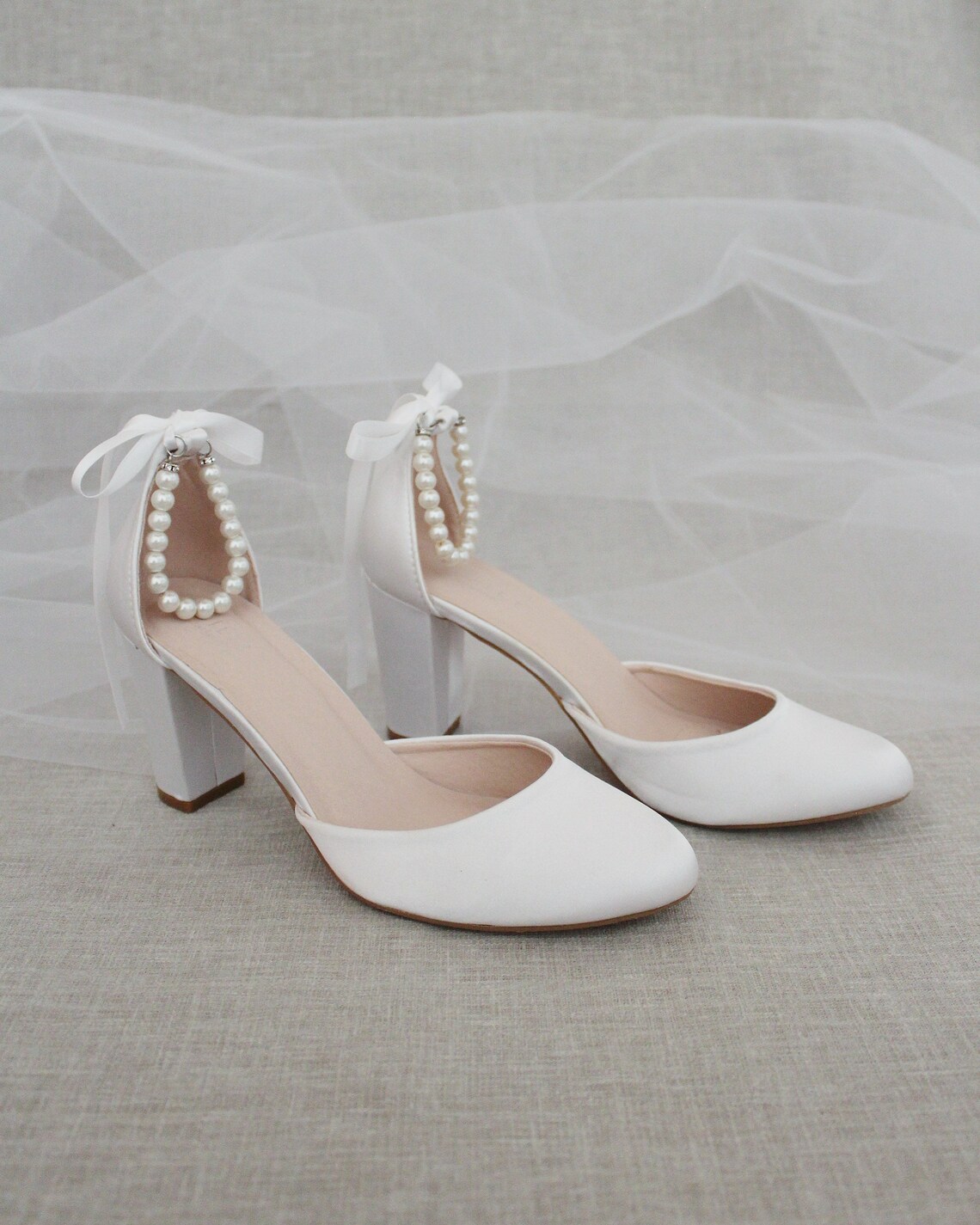 White Satin Block Heel With Pearls Ankle Strap Women Wedding Etsy