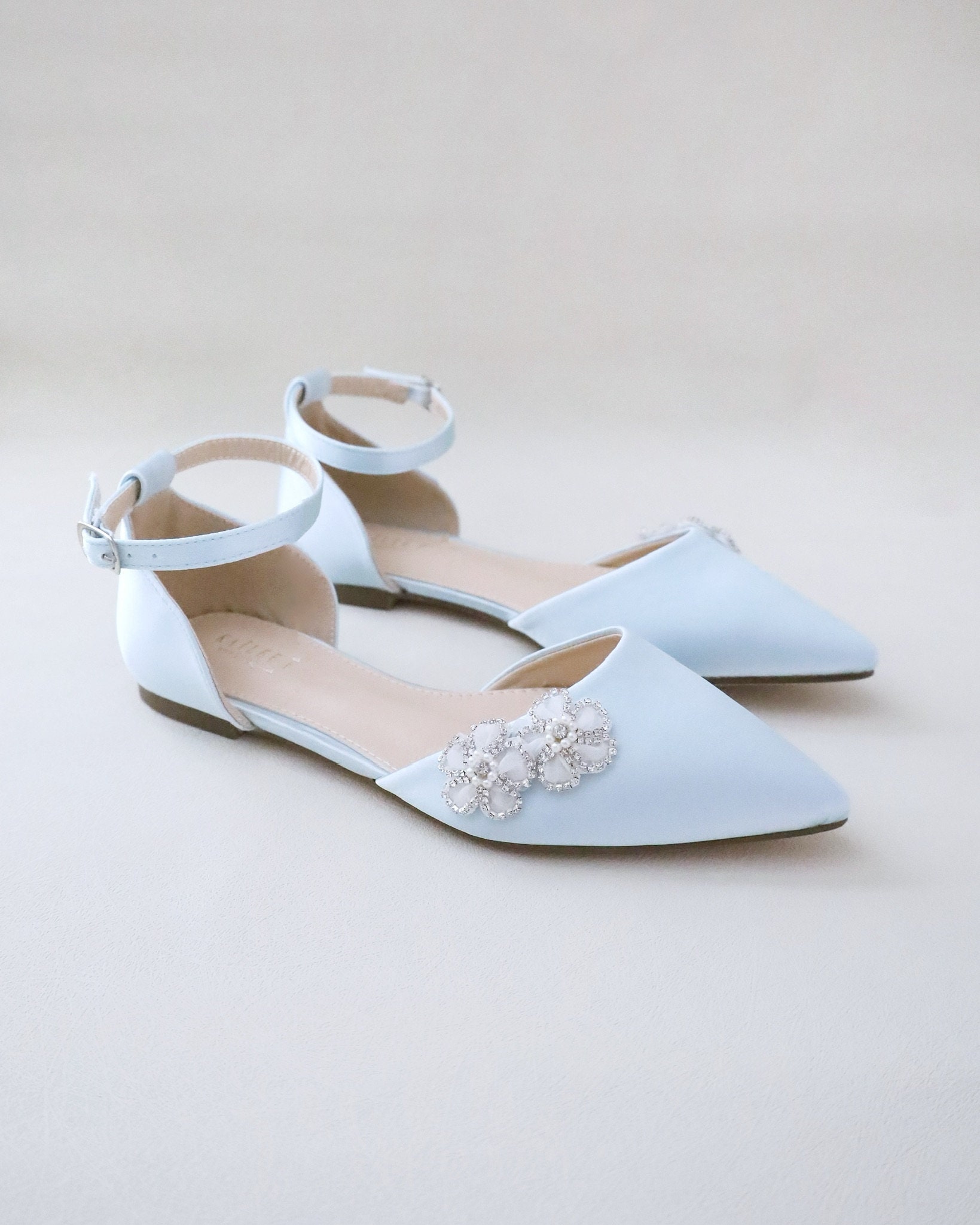 Light Blue Satin Pointy Toe Flats With Rhinestones Chassia Flower ...