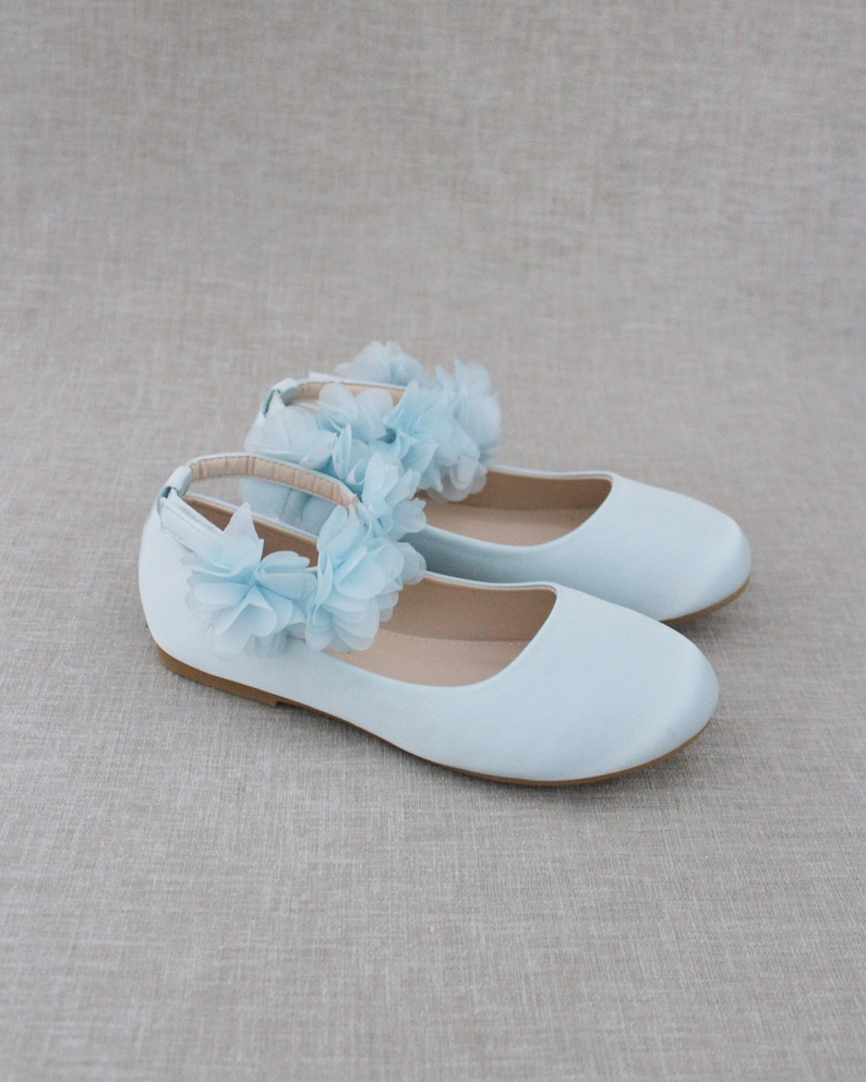 Light Blue Satin Flats With Chiffon Flowers Ankle Strap - Etsy