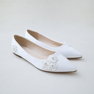 White Wedding Flats With All Pearls Chassia Flowers, Wedding Shoes ...