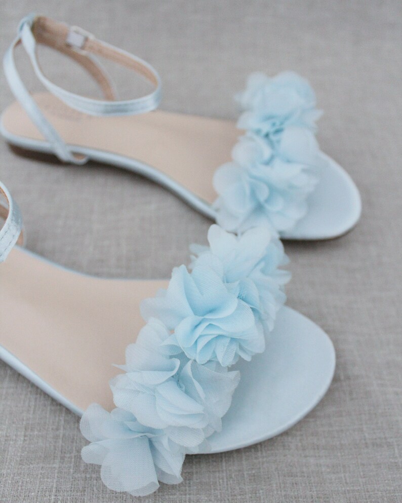 Light Blue Satin Flat Sandal With CHIFFON FLOWERS Bridesmaid - Etsy