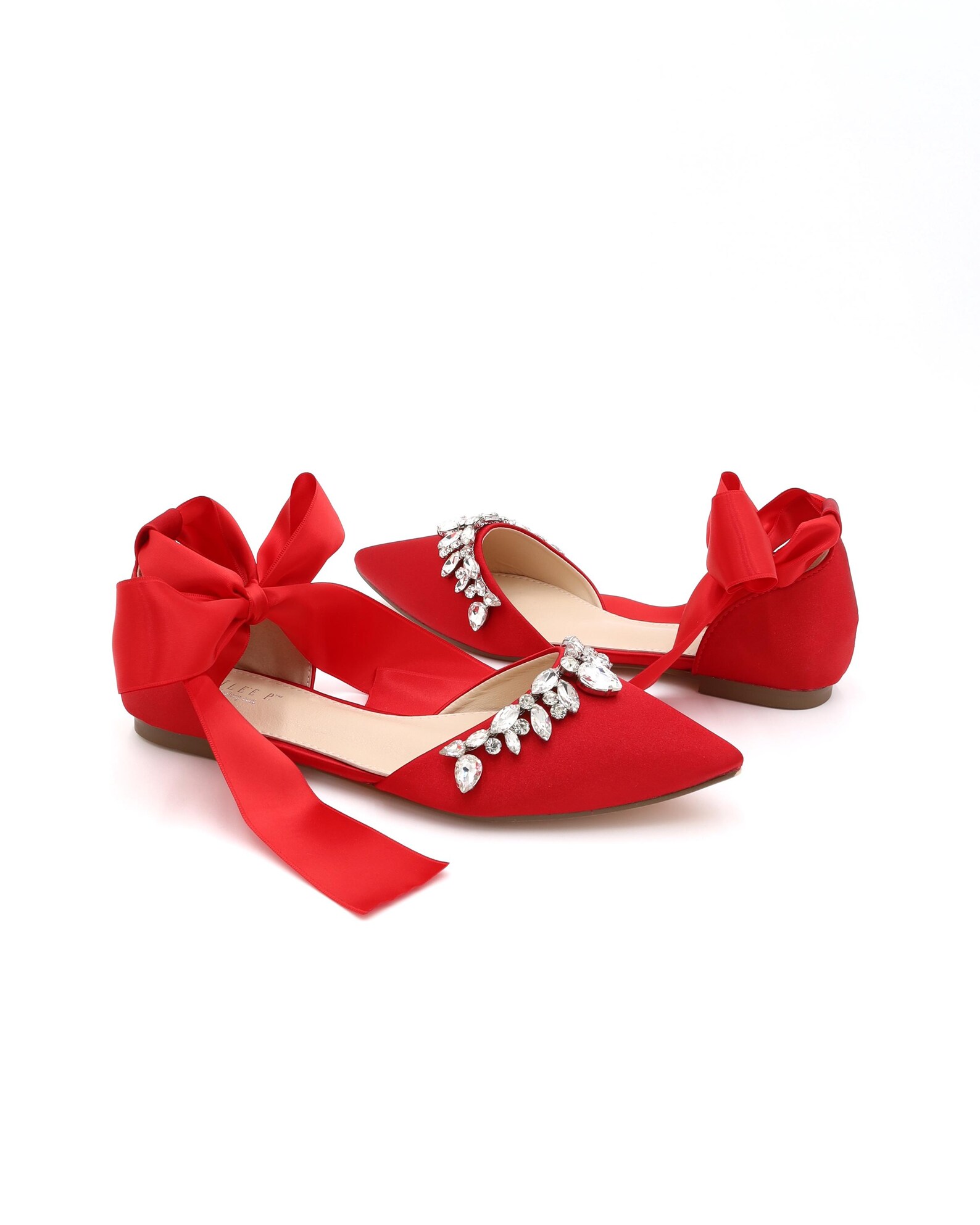 Red Satin Pointy Toe Flats With Sparkly TEARDROP RHINESTONES, Fall ...