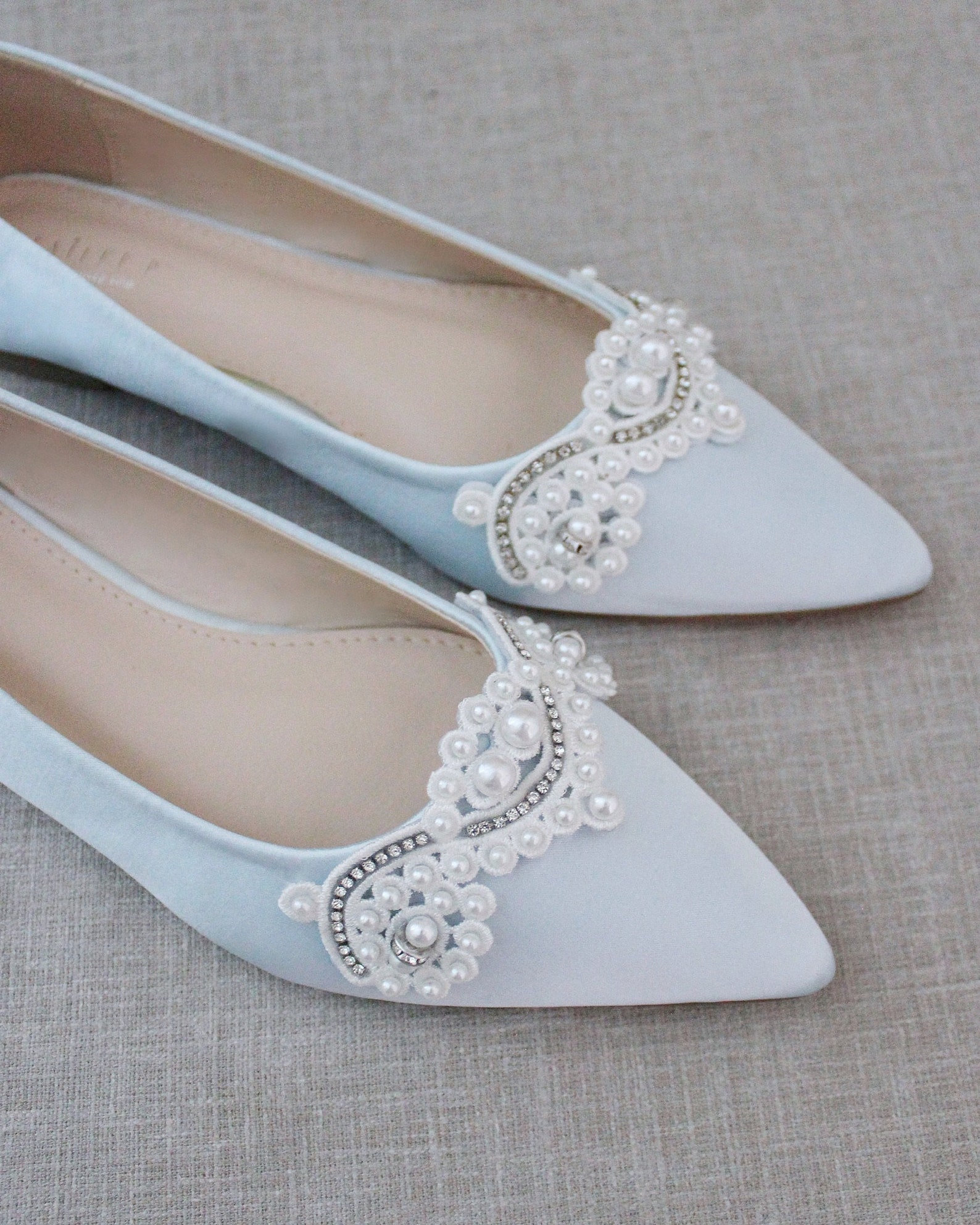 Light Blue Satin Pointy Toe Flats With OVERSIZED PEARLS - Etsy