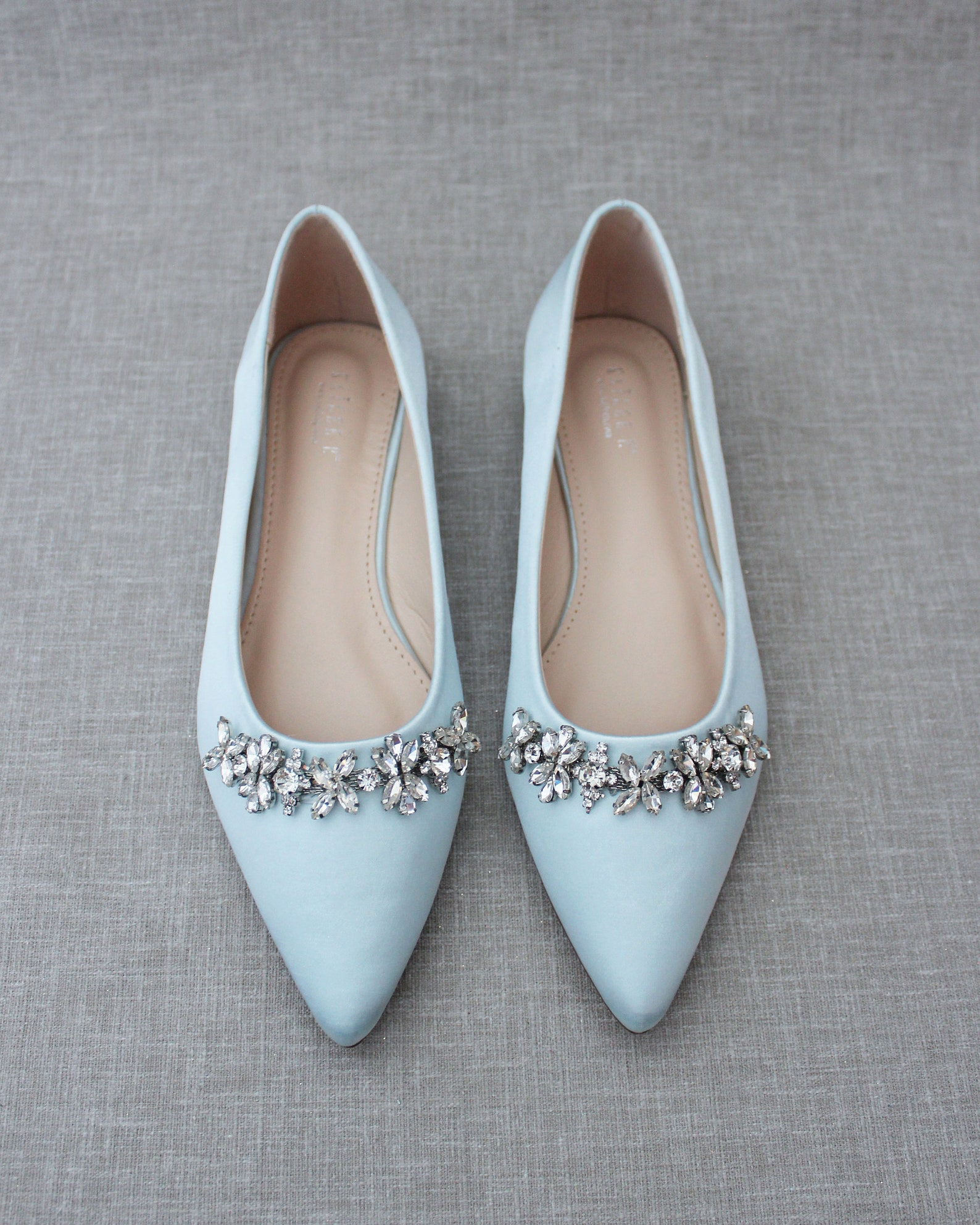 Light Blue Satin Pointy Toe Flats With FLORAL RHINESTONES ...