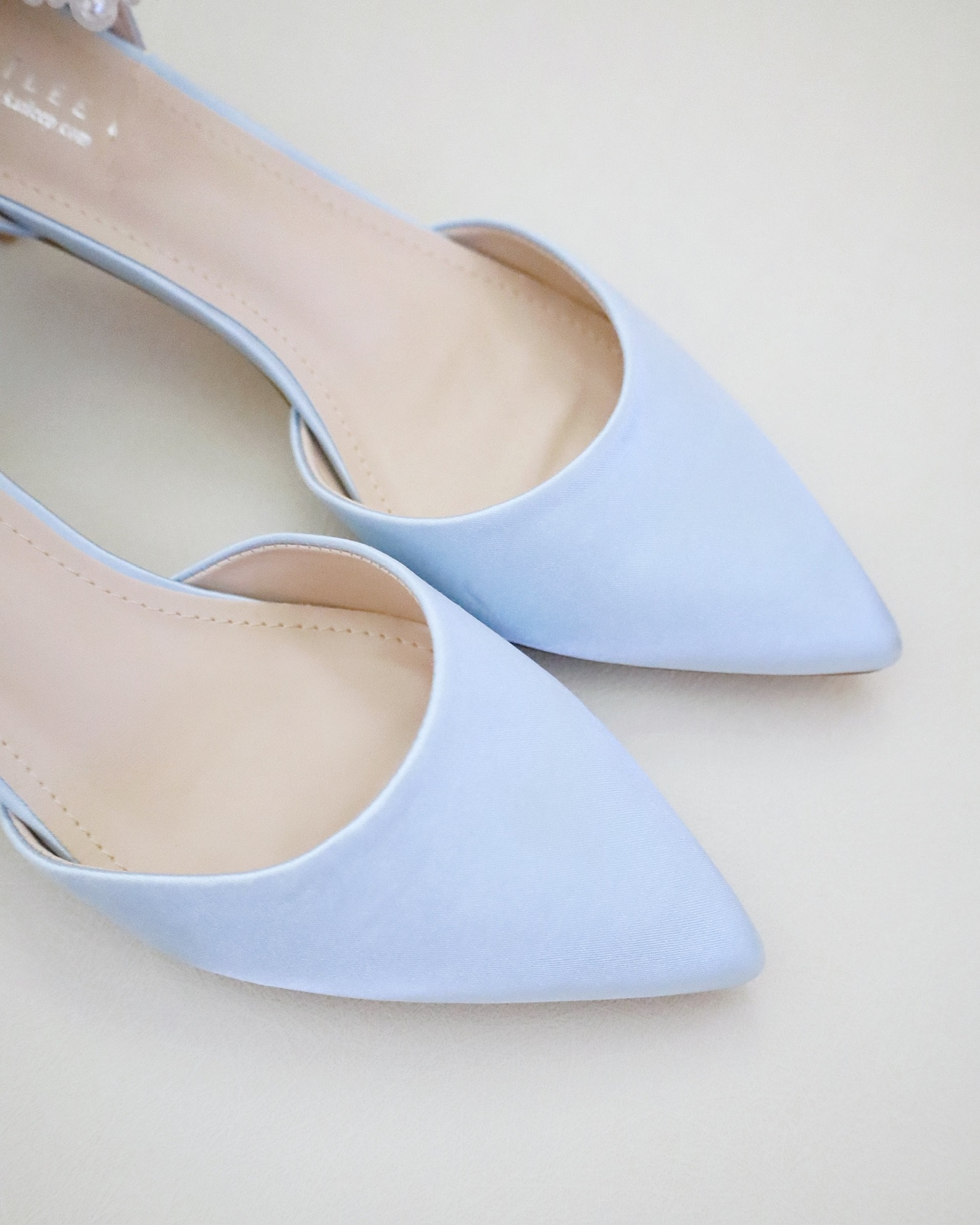 Light Blue Satin Pointy Toe Low Heels With Perla Ankle Strap, Bridal ...