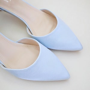 Light Blue Satin Pointy Toe Low Heels With Perla Ankle Strap, Bridal ...