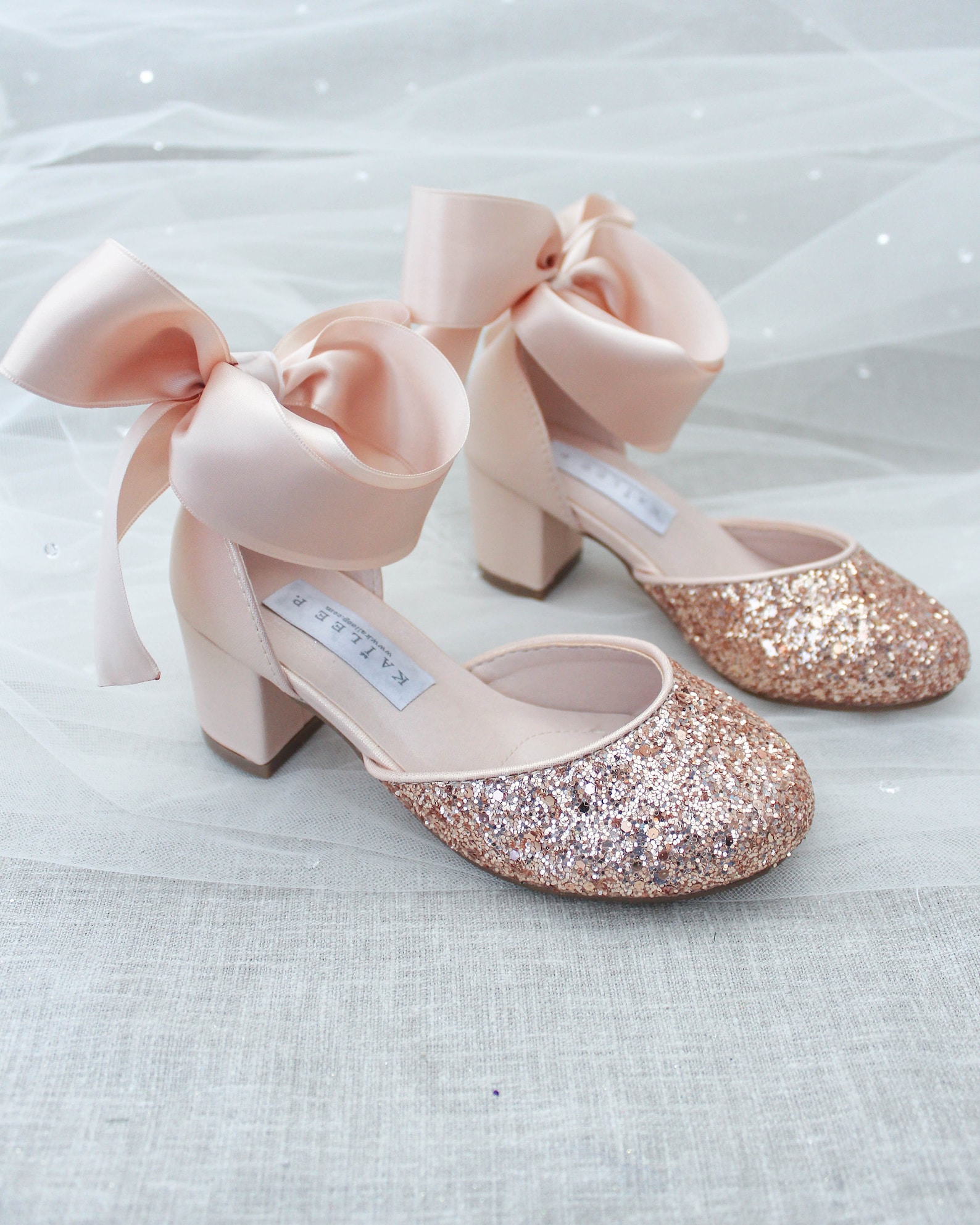 Rose Gold Rock Glitter Block Heel With Blush WRAPPED SATIN | Etsy