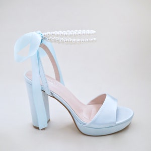 Light Blue Satin Platform Block Heel Wedding Sandals With Double Pearls ...