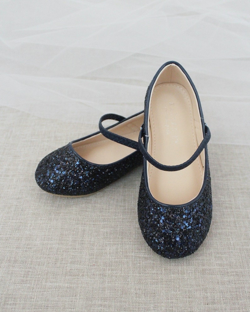 Navy Blue Rock Glitter Maryjane Flats for Flower Girls Shoes | Etsy