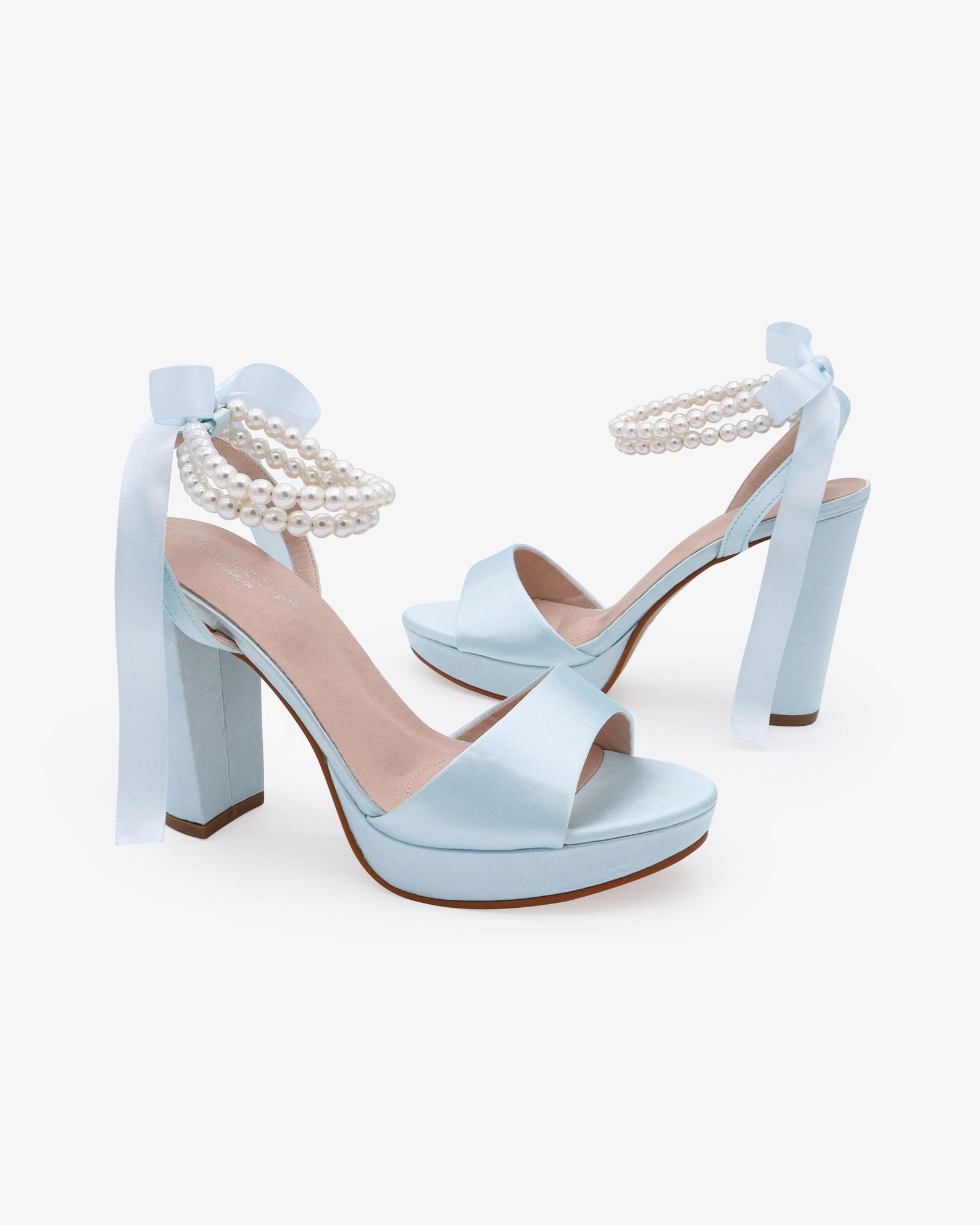 Light Blue Satin Platform Block Heel Wedding Sandals With Double Pearls ...