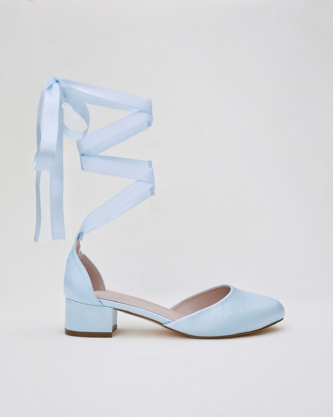 Light Blue Round Toe Satin Block Heel With Ballerina Lace Up, Women ...