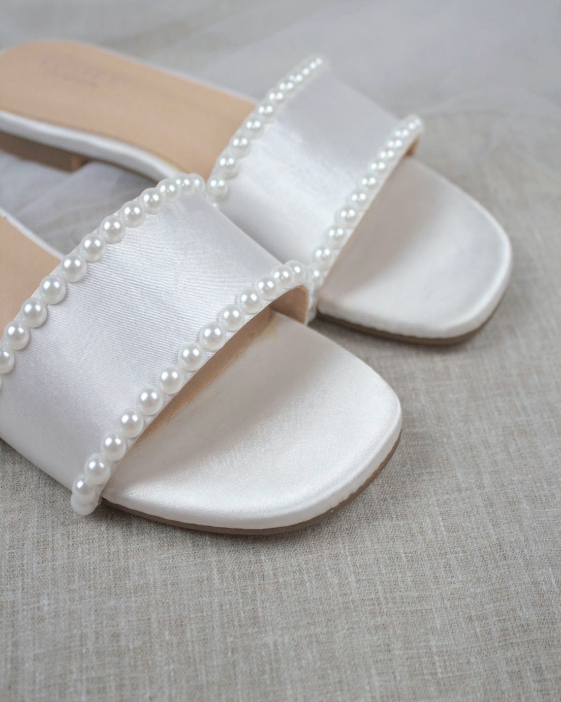 White Satin Slip on Sandals With Pearls, Bridal Sandals, Bridesmaids ...