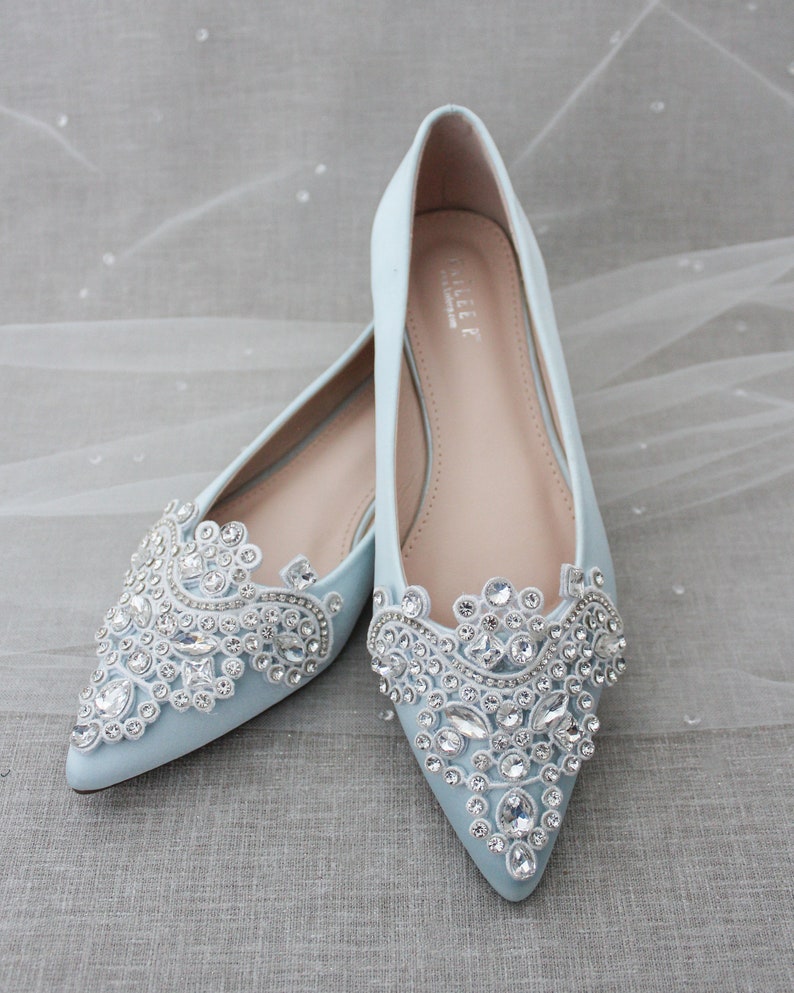 Light Blue Satin Pointy Toe Flats With RHINESTONE APPLIQUÉ | Etsy