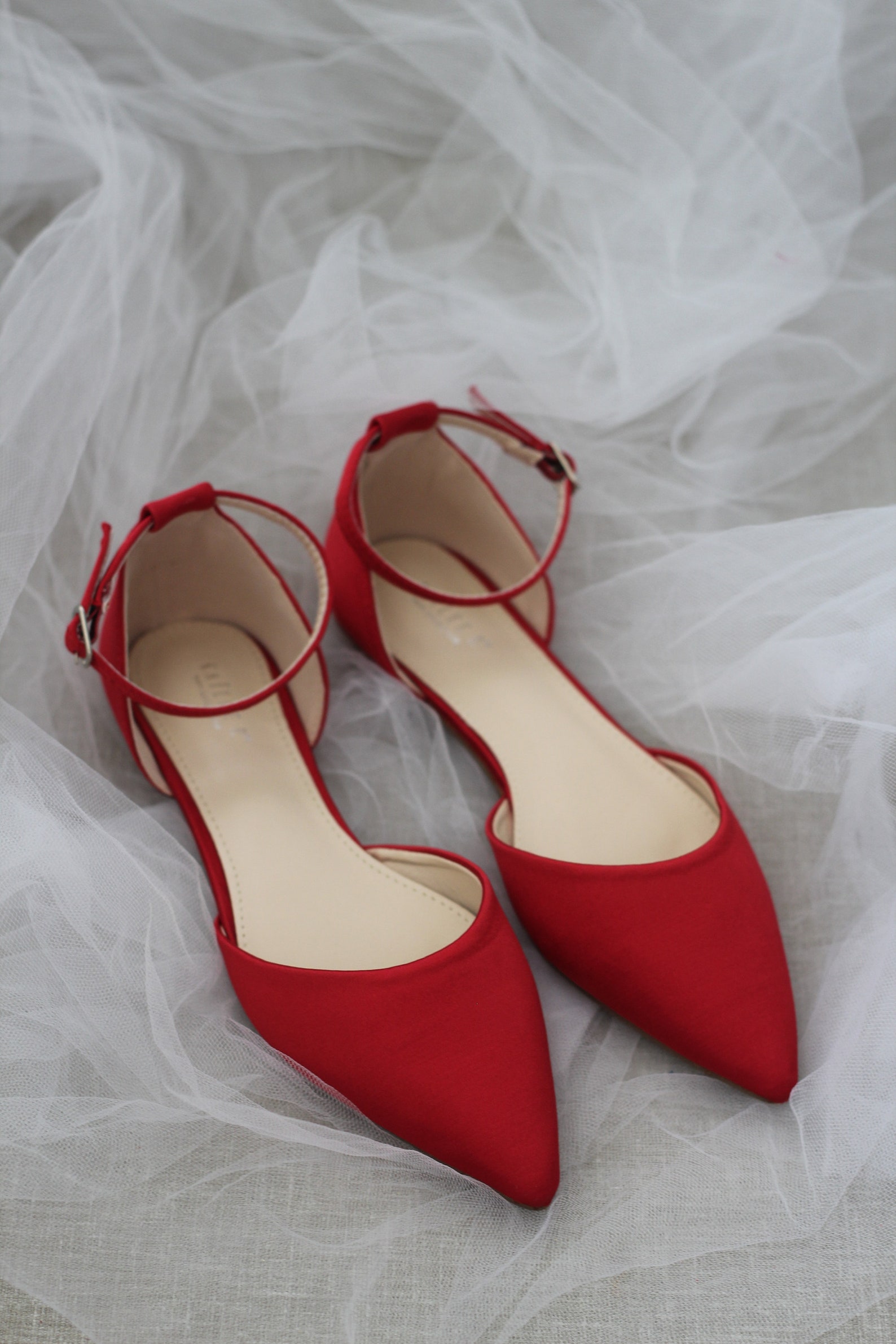 Red Satin Pointy Toe Flats With Satin ANKLE TIE or BALLERINA - Etsy