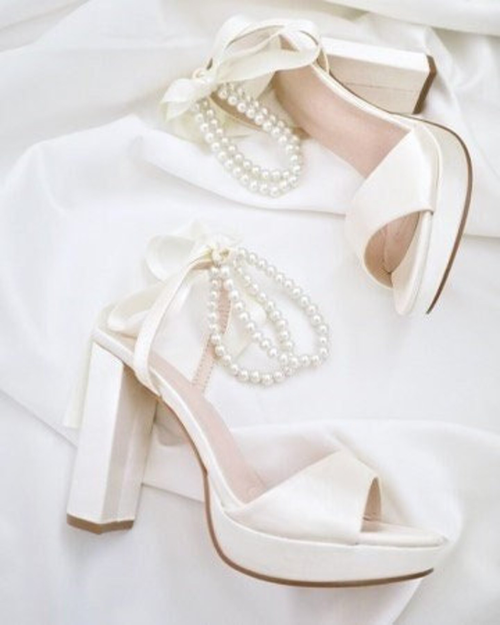 White & Ivory Satin Platform Block Heel Wedding Sandals With Double ...