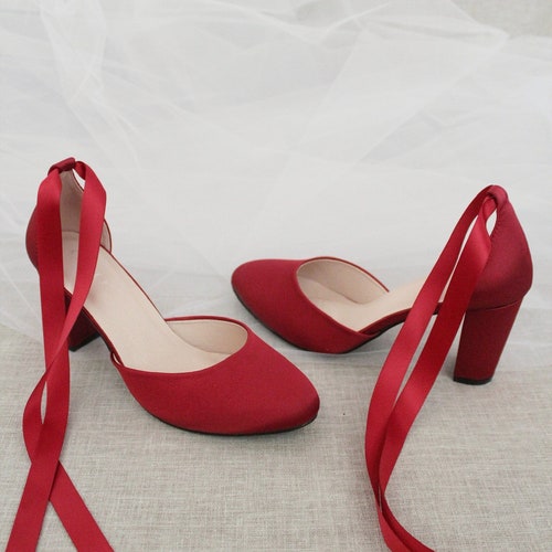 Burgundy Satin Block Heel With Wrapped Satin Tie Fall Wedding - Etsy