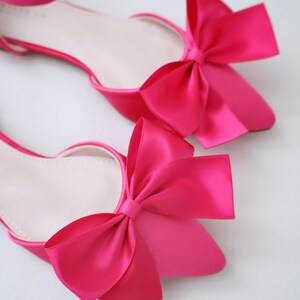 Fuchsia Satin Pointy Toe Flats With Front Satin Bow, Bridesmaids Shoes ...