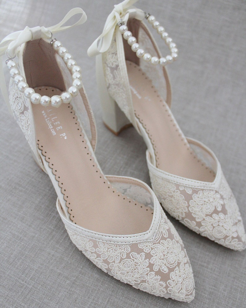 Ivory Crochet Lace Almond Toe Block Heel With Pearl Ankle - Etsy