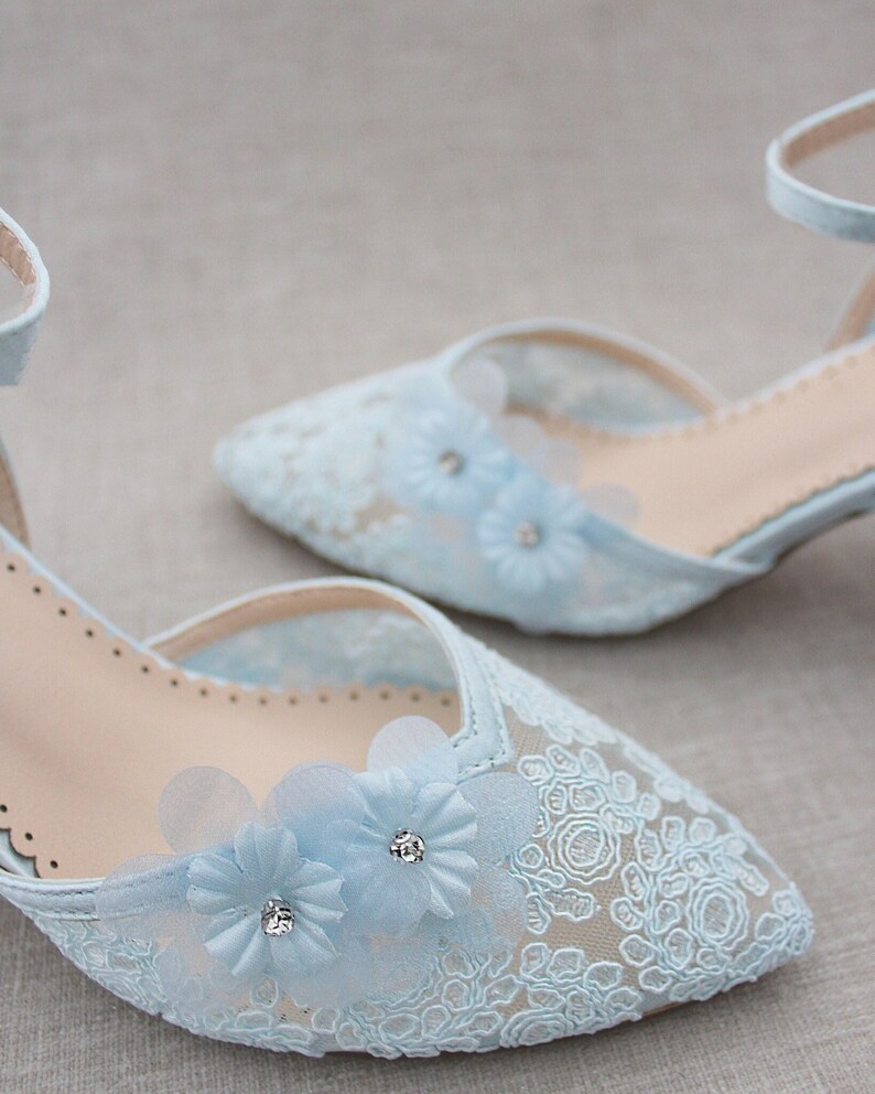 Light Blue Crochet Lace Almond Toe Block Heel With Flower - Etsy